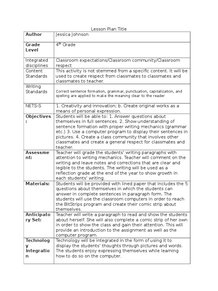  Comic Strip Lesson Plan PDF Lesson Plan Teachers