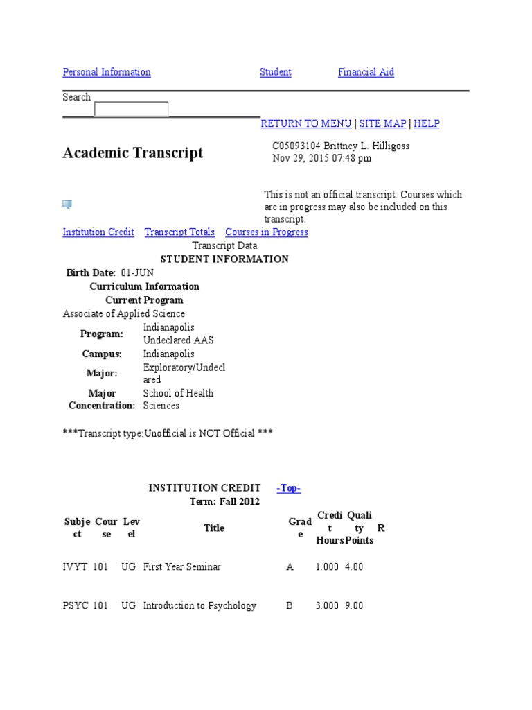 Unofficial Transcript | PDF | Academia | Science