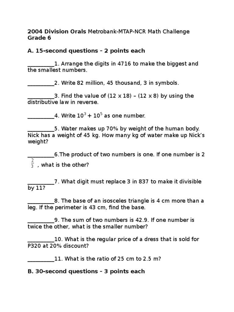 2004 Metrobank-MTAP-DepEd Math Challenge Division Orals Grade 6 | PDF ...