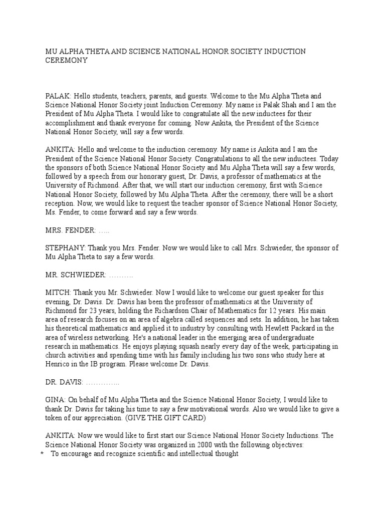 Mu Alpha Theta Induction Ceremony Script | PDF | Self-Improvement