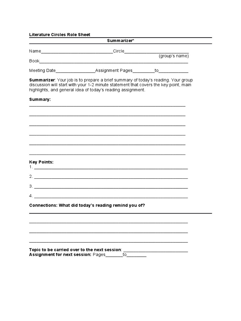 Literature Circles Role Sheet | Download Free PDF | Cognition ...