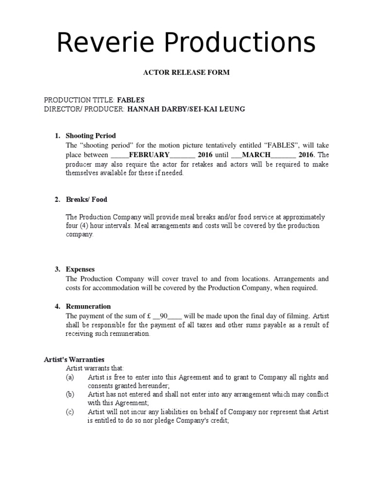 Actor Release Form Pdf Legal Guardian Filmmaking