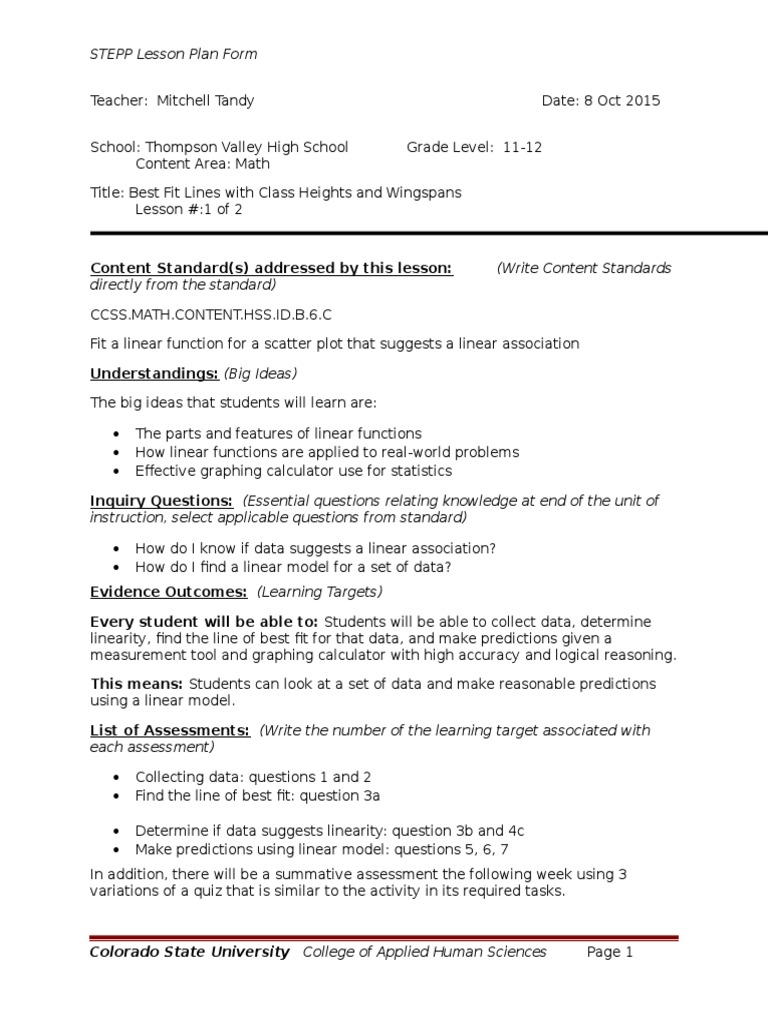 Stepp Best Fit Line Activity | PDF | Lesson Plan | Educational Assessment