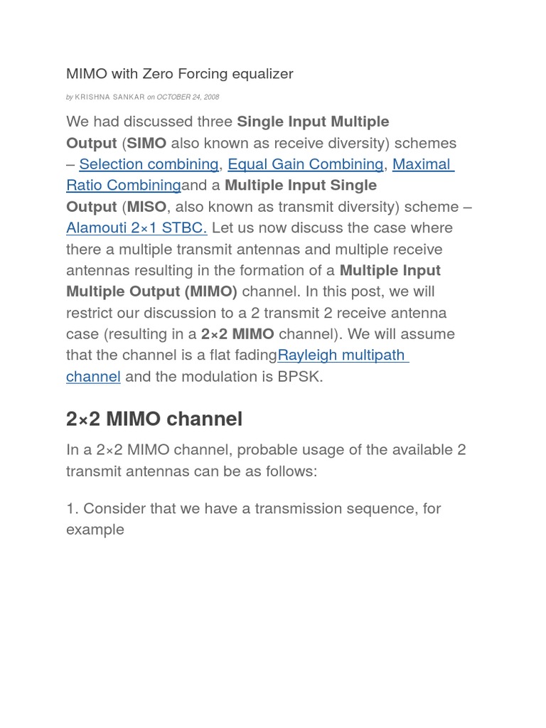 MIMO With Zero Forcing Equalizer | PDF | Mimo | Matrix (Mathematics)