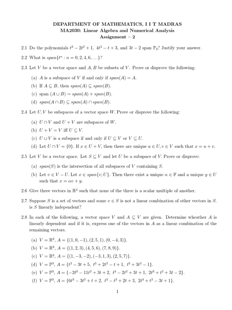 Assignment 2 | PDF | Linear Subspace | Basis (Linear Algebra)