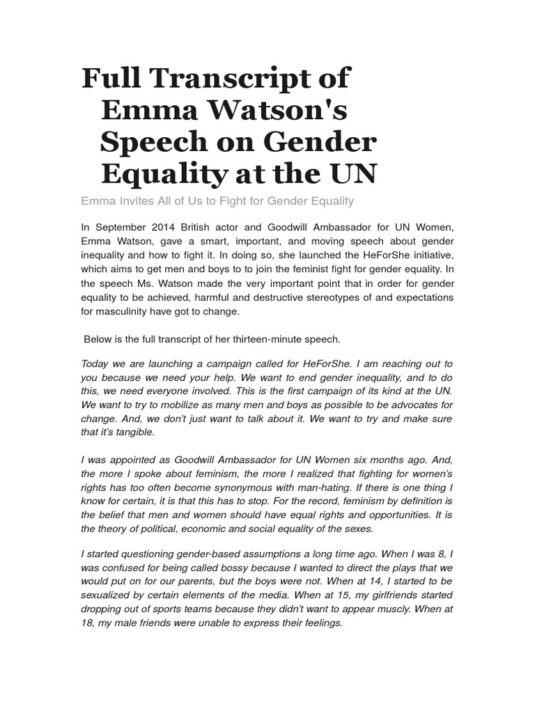 Full Transcript of Emma Watson | PDF | Feminism | Gender Studies