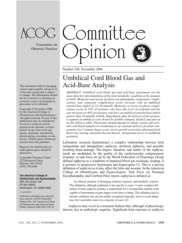 ACOG Committee Opinion No 348 Umbilical Cord Blood Gas and Acid-Base ...