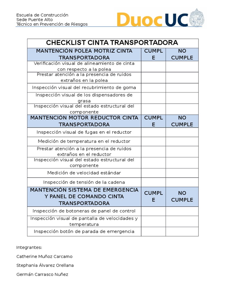 Checklist Cinta Transportadora | Tecnología | Ingeniería