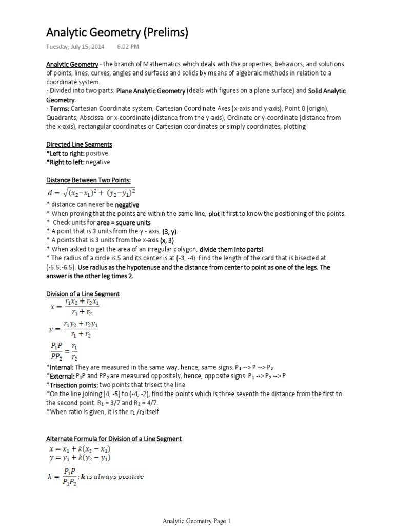 Analytic Geometry Concepts and Formulas | PDF | Ellipse | Line (Geometry)