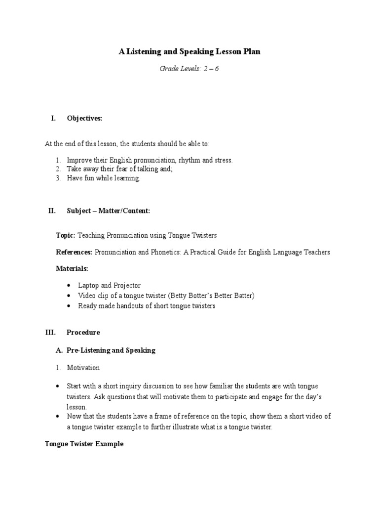 A Listening and Speaking Lesson Plan | PDF | Lesson Plan | Linguistics