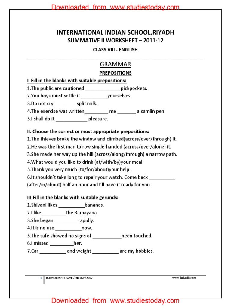 Class 8 English Worksheet - Grammer Prepositions | PDF | English ...