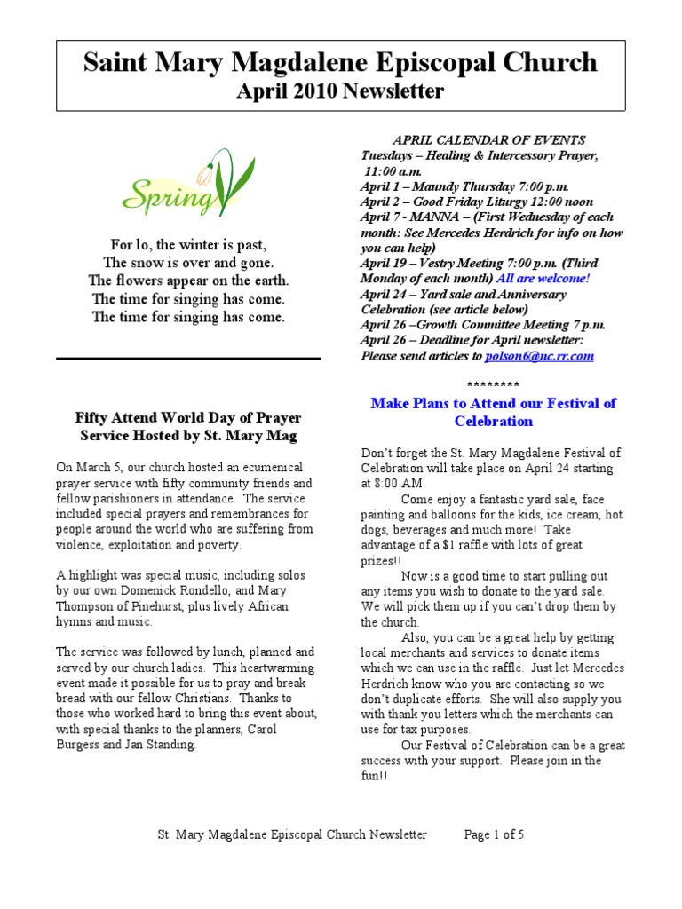 April 2010 Newsletter | PDF | Easter | Confession (Religion)