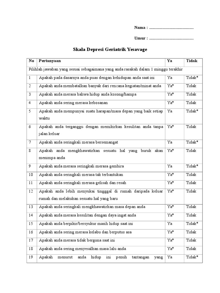 Skala Depresi Geriatrik Yesavage | PDF