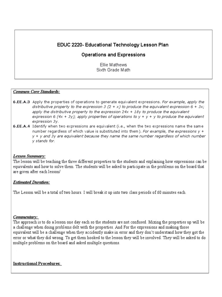 EDUC 2220-Educational Technology Lesson Plan Operations and Expressions | PDF | Communication ...