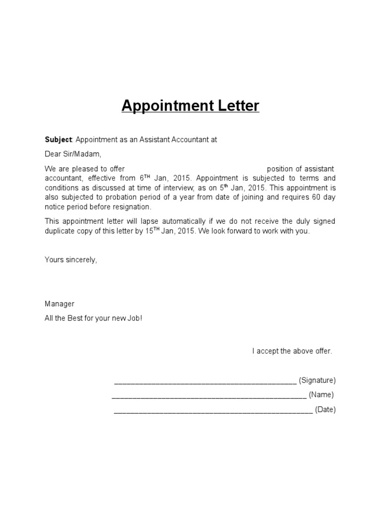 Assistant Accountant Appointment Letter | PDF | Finance & Money Management