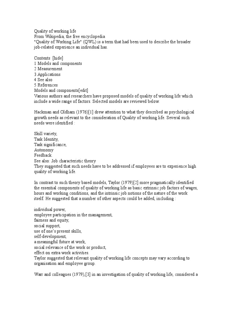 Quality of Working Life | PDF | Job Satisfaction | Action (Philosophy)