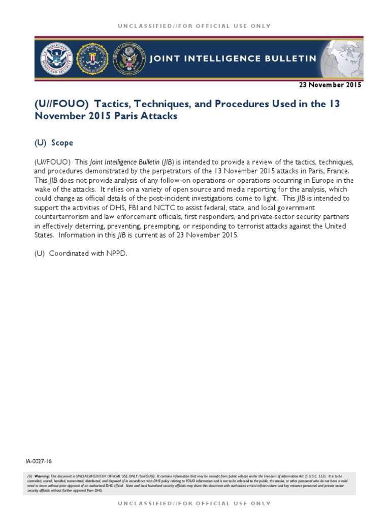 FOUO: Tactics from Paris Attacks | PDF | Classified Information ...