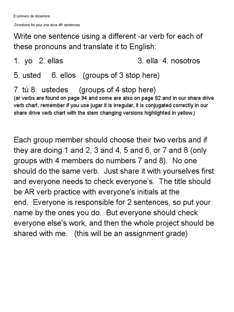 12-1 Directions For Your One Drive Ar Sentences For Weebly | PDF