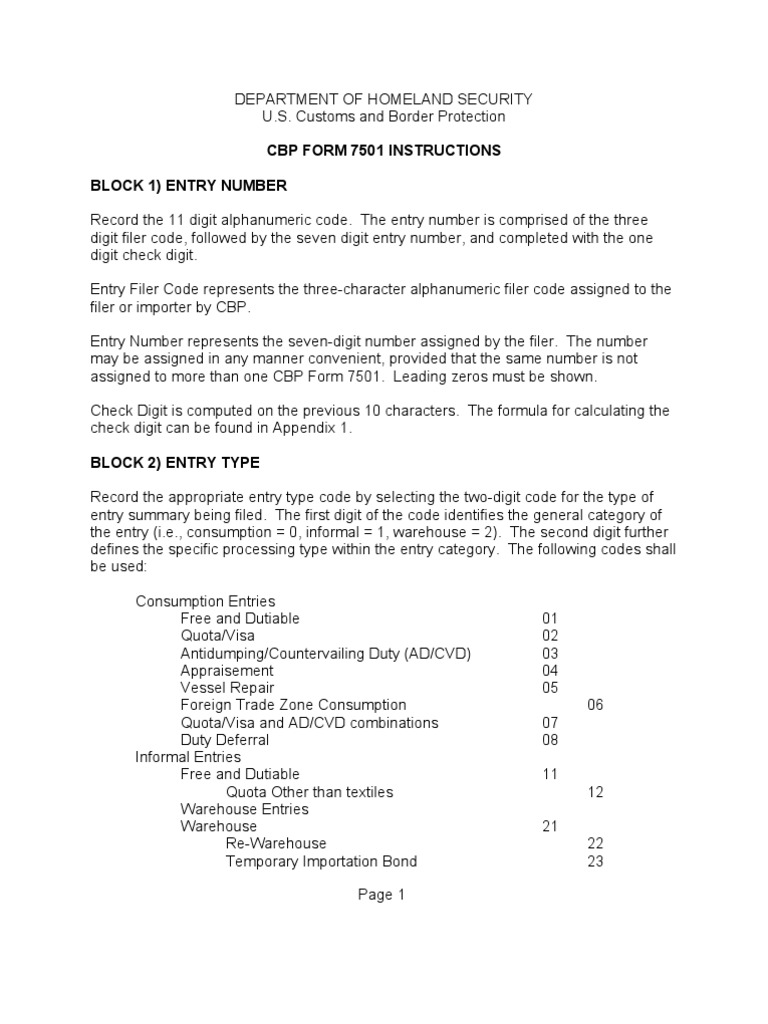 U.S. Customs Form: CBP Form 7501 - Instructions | PDF | U.S. Customs ...