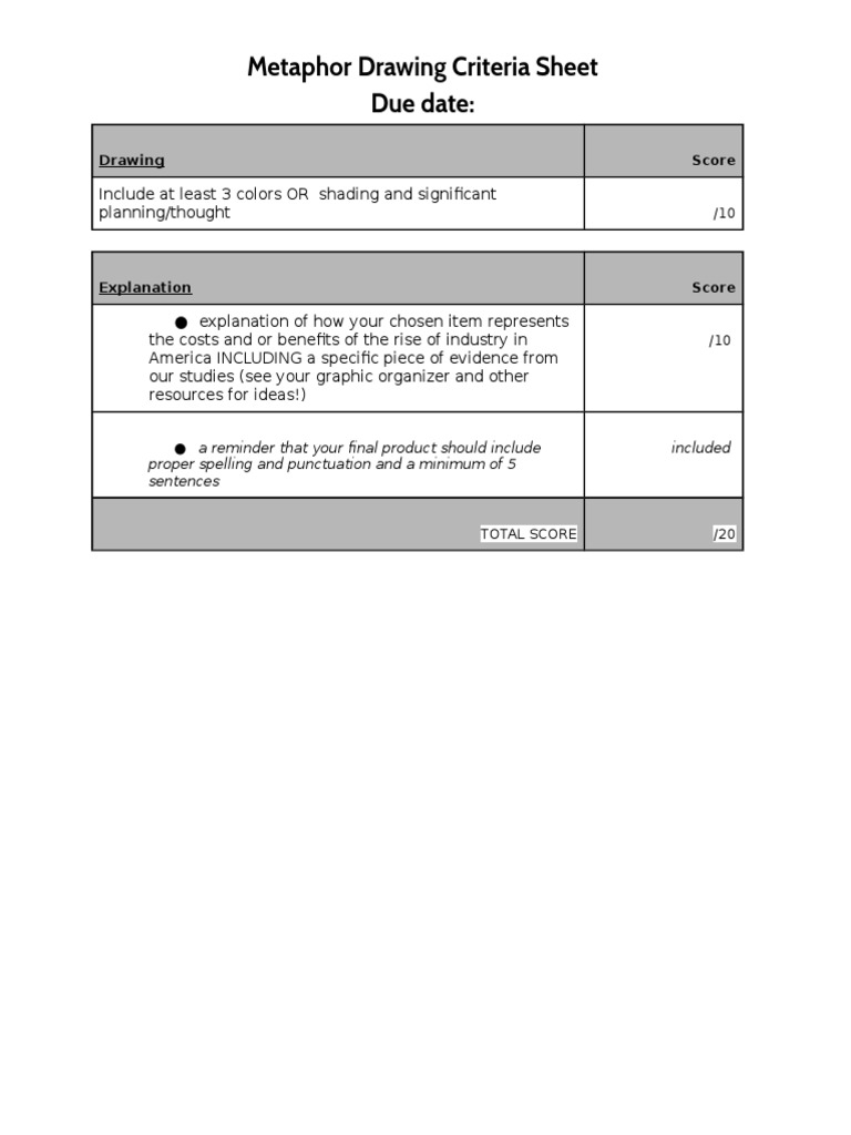 Metaphor Drawing Criteria Sheet Due Date | PDF