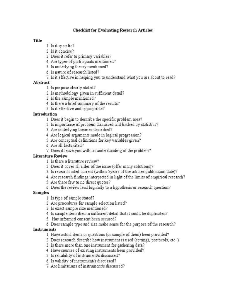 Checklist For Evaluating Research Articles | PDF | Scientific Method ...