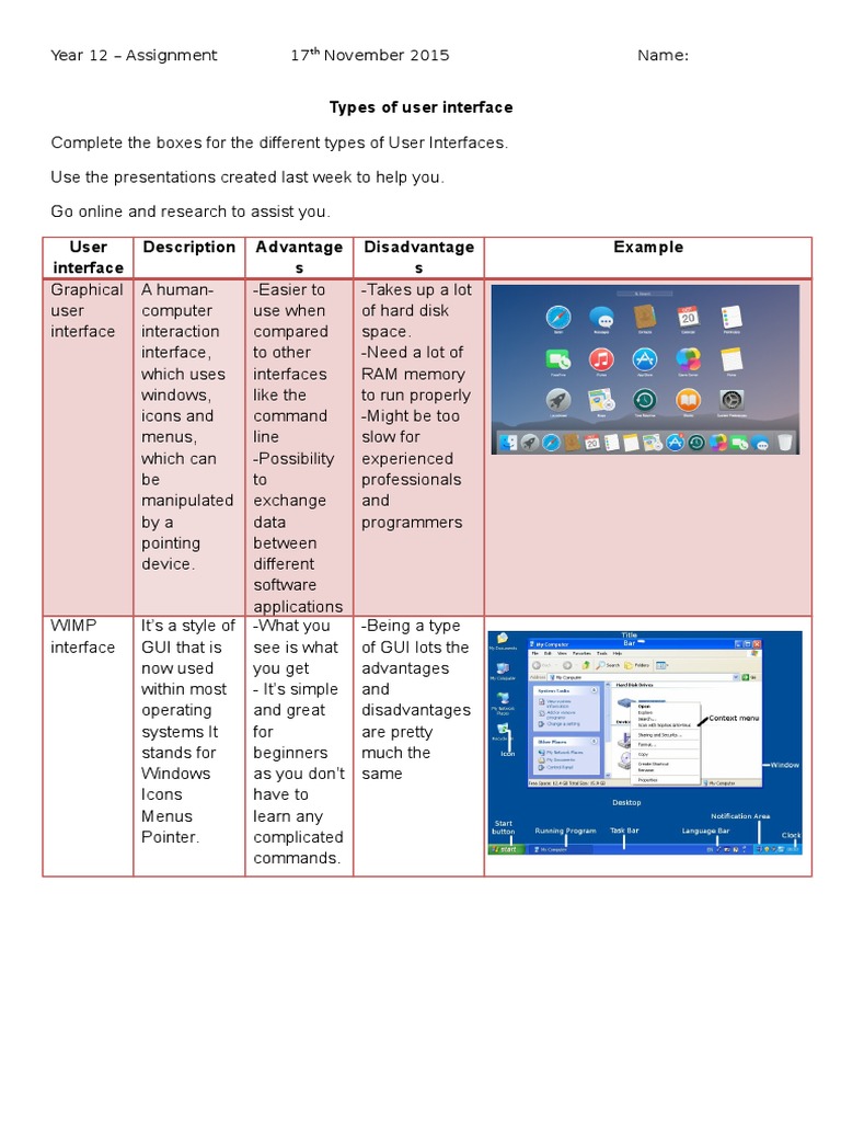 Types of User Interface: Year 12 - Assignment 17 November 2015 Name ...