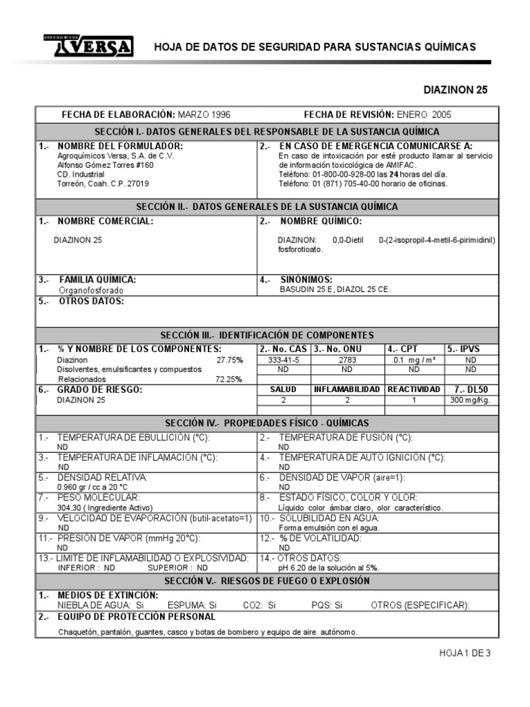 DIAZINON 25 Hseguridad | PDF | Agua | Residuos