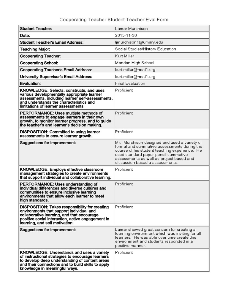 Cooperating Teacher Student Teacher Eval Form | PDF | Educational Assessment | Learning