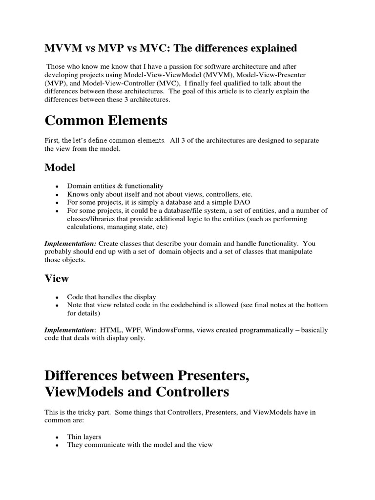 MVVM Vs MVP Vs MVC | PDF | Model–View–Controller | Class (Computer Programming)