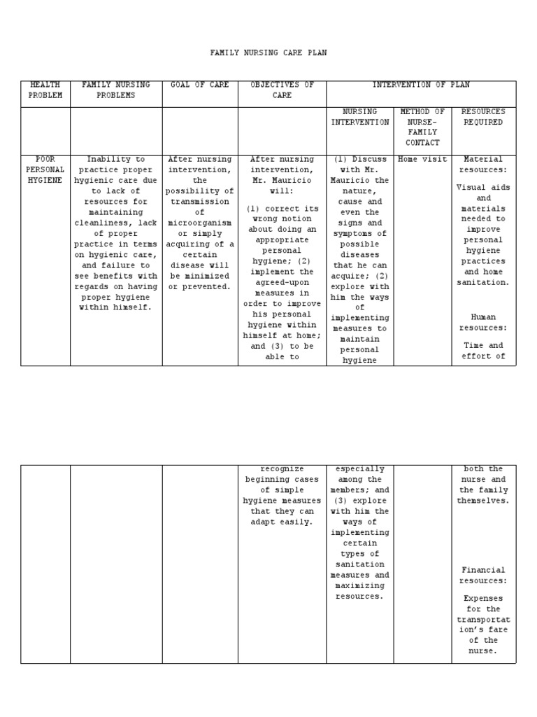 Personal Hygiene Care Plan for Families | PDF | Hygiene | Nursing