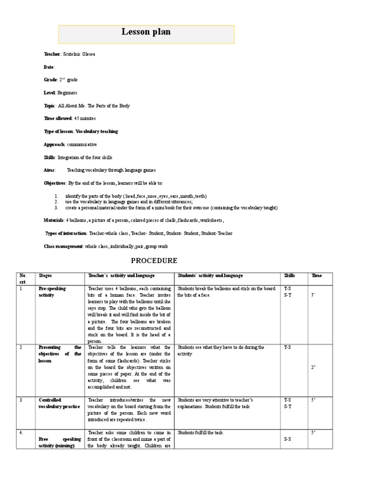Lesson Plan: Procedure | PDF | Classroom | Teachers
