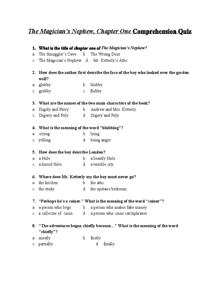 The Magician's Nephew, Chapter One Comprehension Quiz | PDF