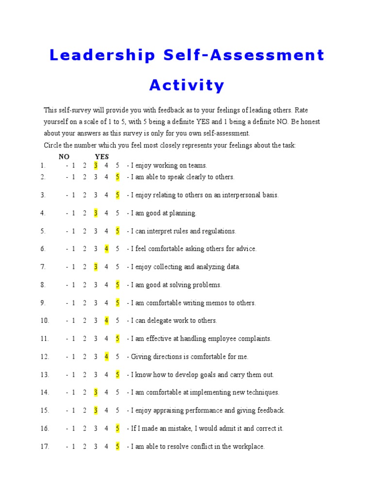 Leadership Self Assessment Activity | PDF | Action (Philosophy ...