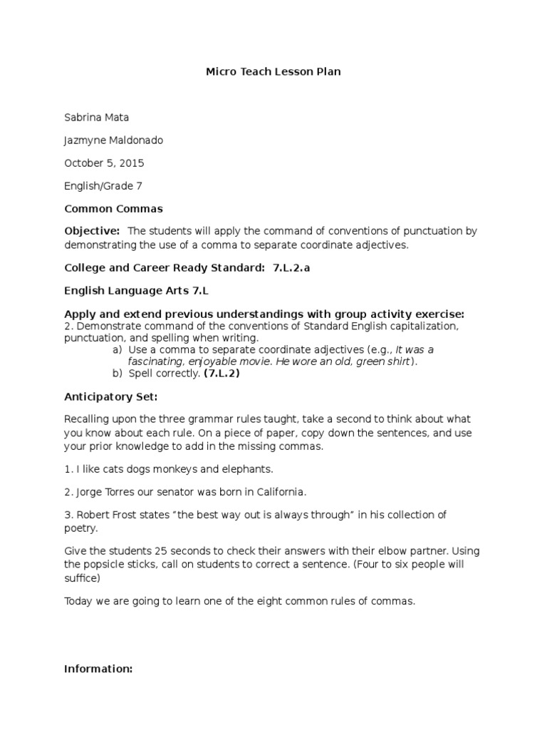 Micro Teach Lesson Plan Final Mata | PDF | Comma | Lesson Plan