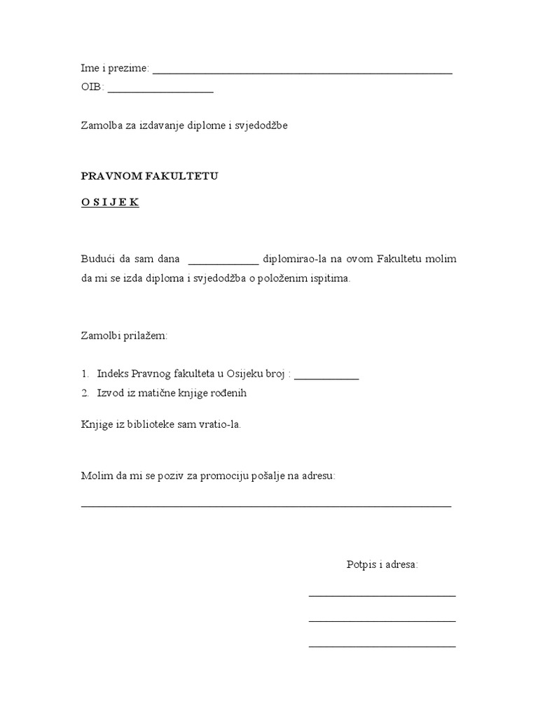 Molba Za Izdavanje Diplome | PDF