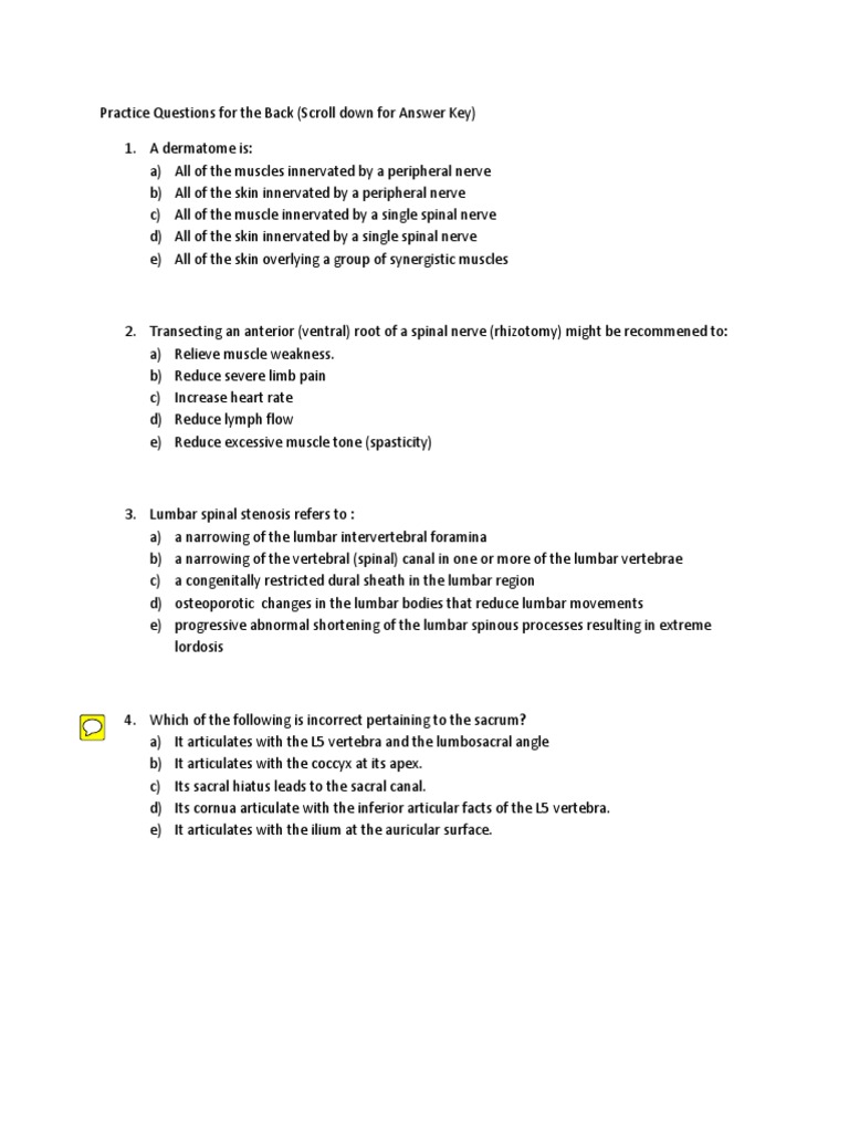 Practice Questions For Back | PDF | Vertebral Column | Vertebra