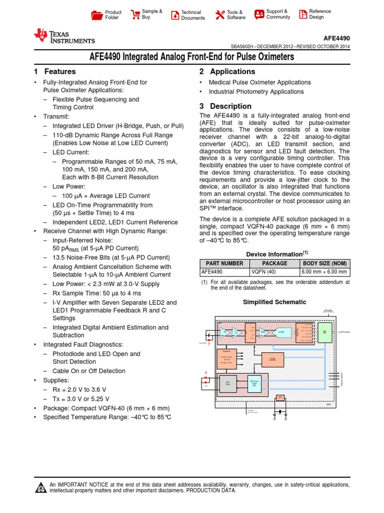 AFE4490 Analog Front End For Pulse Oximetry | PDF | Analog To Digital ...