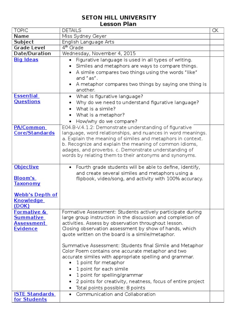 4th Grade Similes & Metaphors Lesson | PDF | Metaphor | Lesson Plan