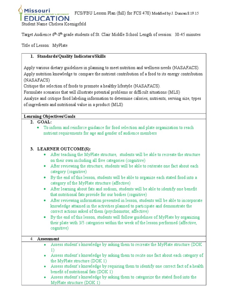 MyPlate Lesson Plan for Middle School | PDF | Nutrition | Diet & Nutrition