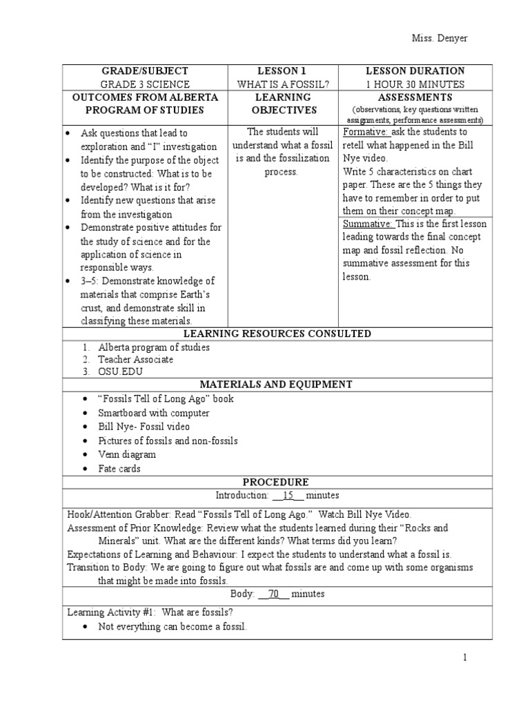 Grade/Subject Lesson 1 Lesson Duration Outcomes From Alberta Program of ...