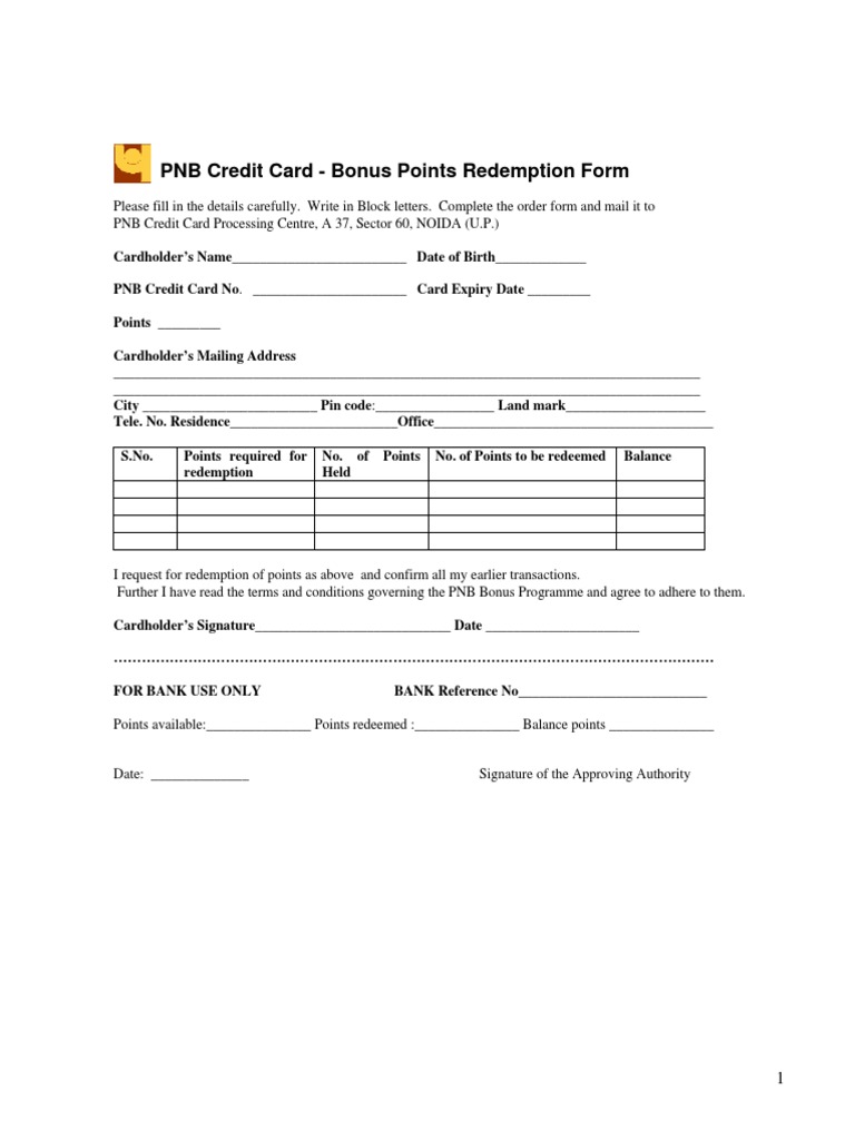 PNB Credit Card Points Redemption Form | PDF | Finance & Money Management