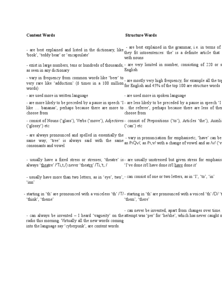 Content Words Structure Words | PDF | Stress (Linguistics) | English ...