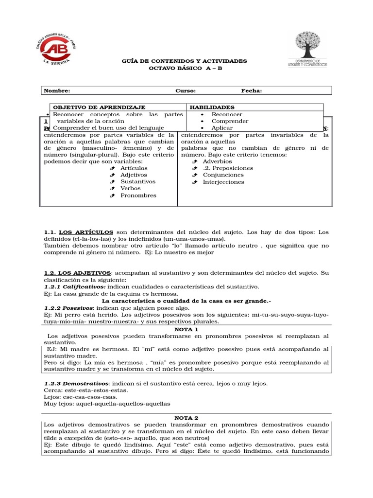Guía Octavo Las Partes de La Oración | PDF | Adjetivo | Género gramatical