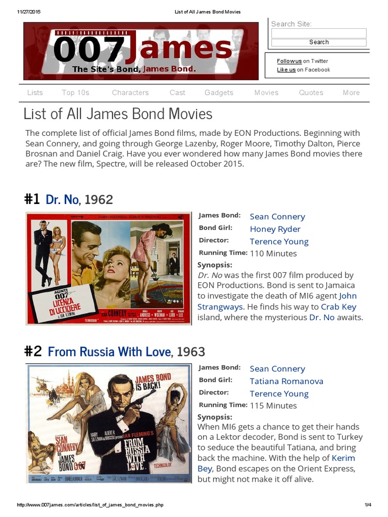 List of All James Bond Movies | James Bond In Film | James Bond