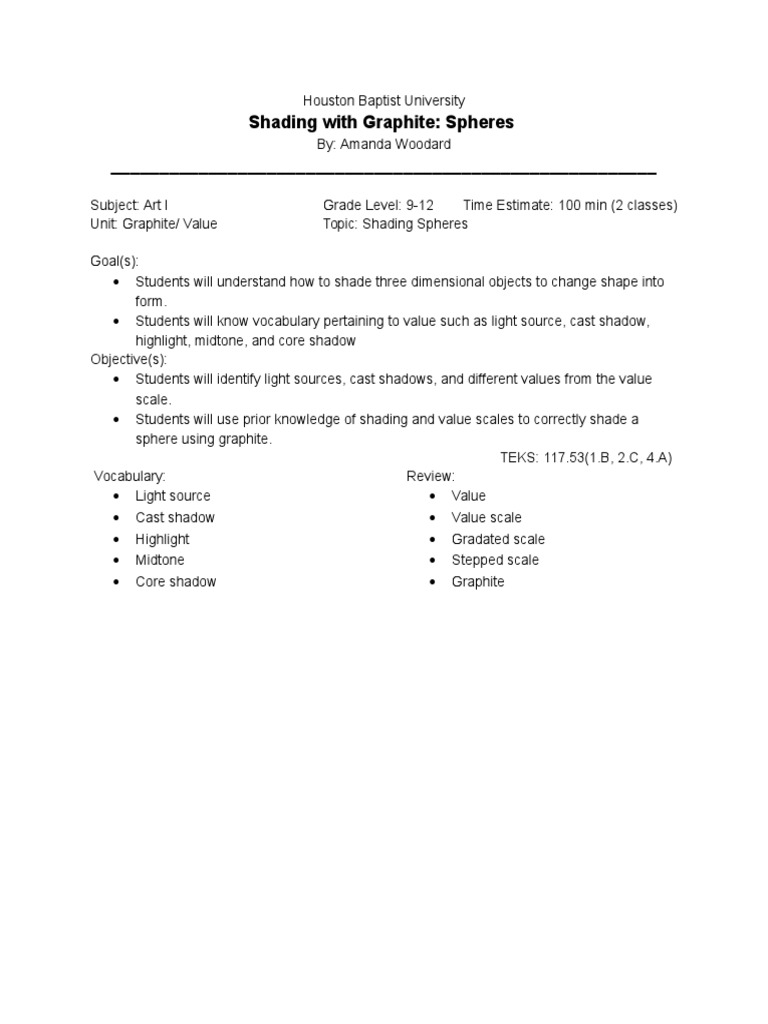 Shading Spheres Lesson Plan | PDF | Sphere | Shadow