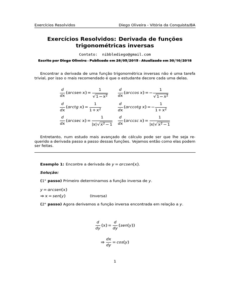Exercícios Resolvidos: Derivada de funções trigonométricas inversas ...