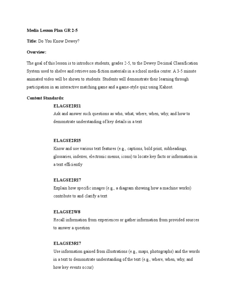 Dewey Decimal System Lesson Plan | PDF | Lesson Plan | Information