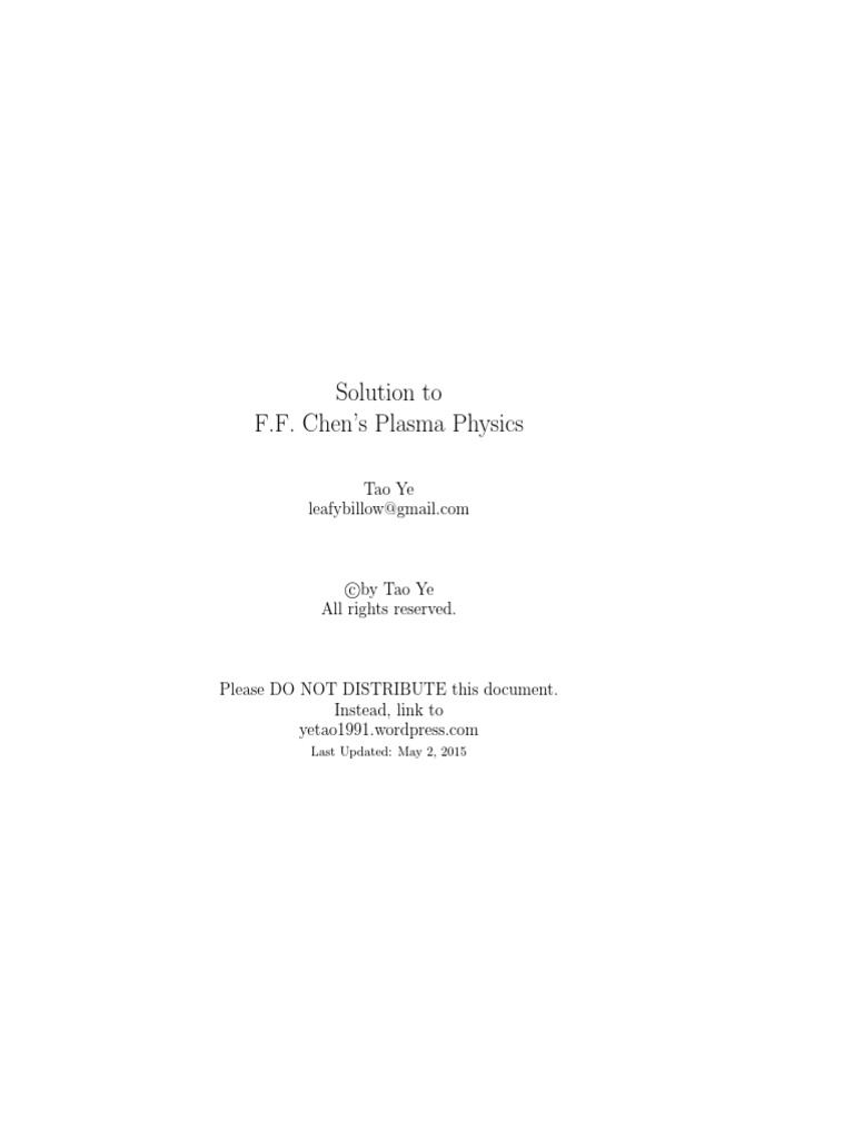 Solutions to F.F. Chen's Plasma Physics | PDF