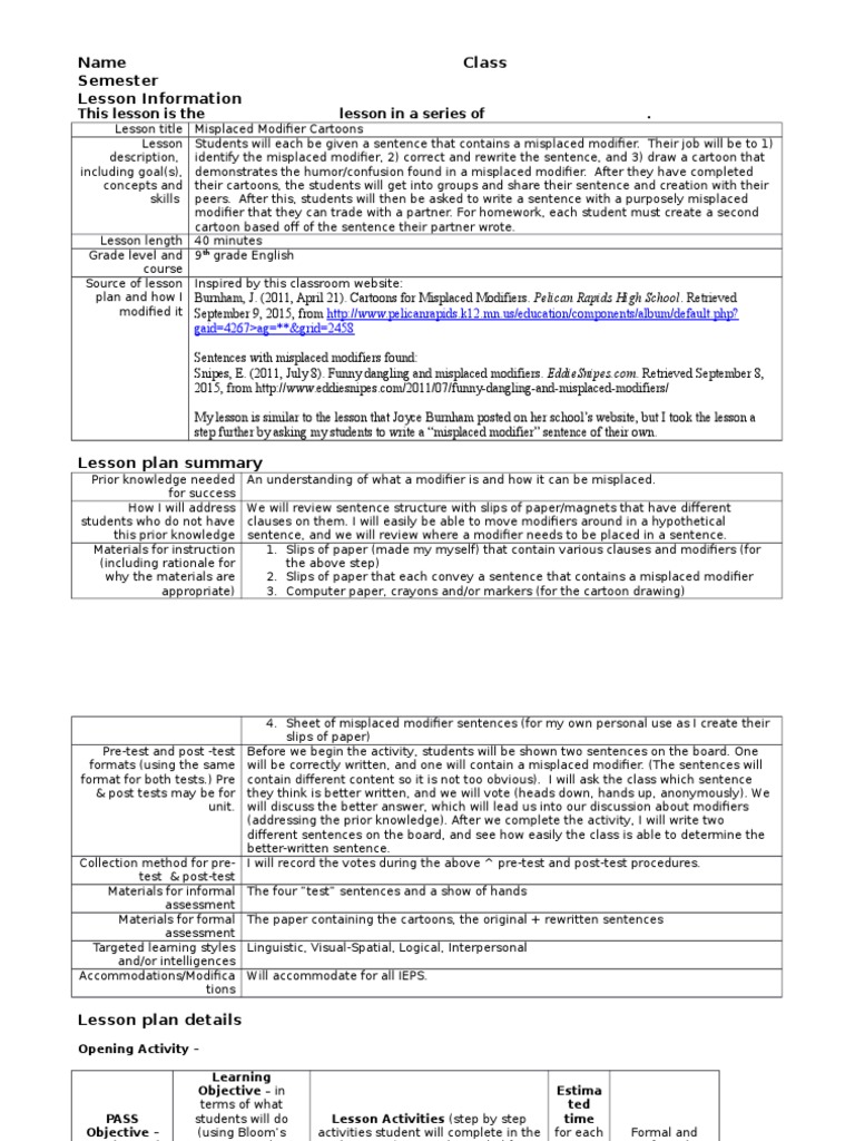 Misplaced Modifier Lesson Plan | PDF | Lesson Plan | Applied Psychology