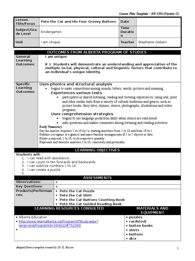 Pete The Cat And His Four Groovy Buttons Template